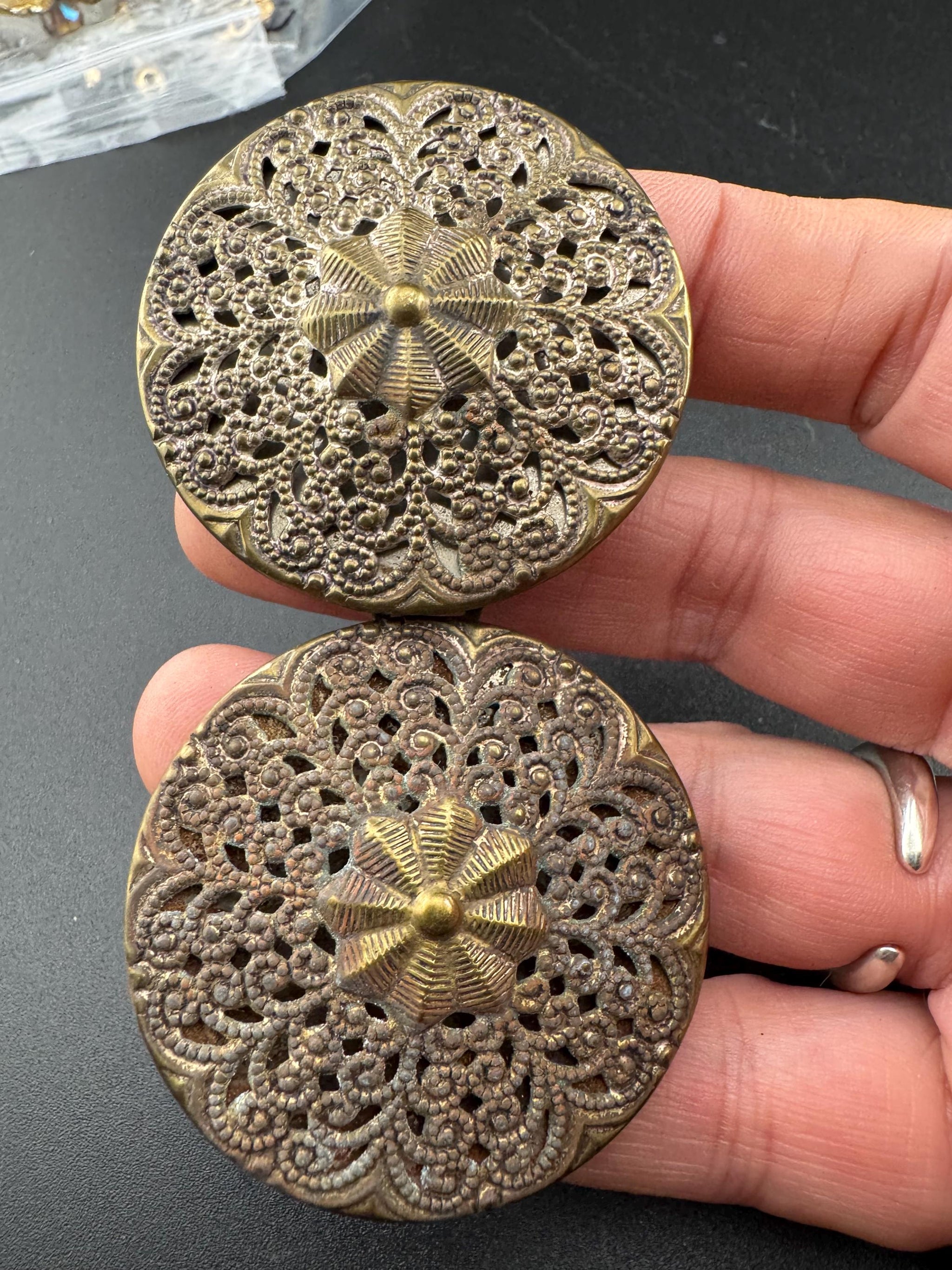 2 part belt buckle Antique filigree brass work gold tone domed Metal V