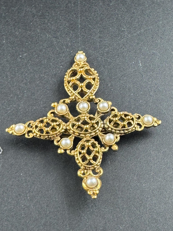 Rene Gouin French cross pendant and brooch, signed and set with faux p