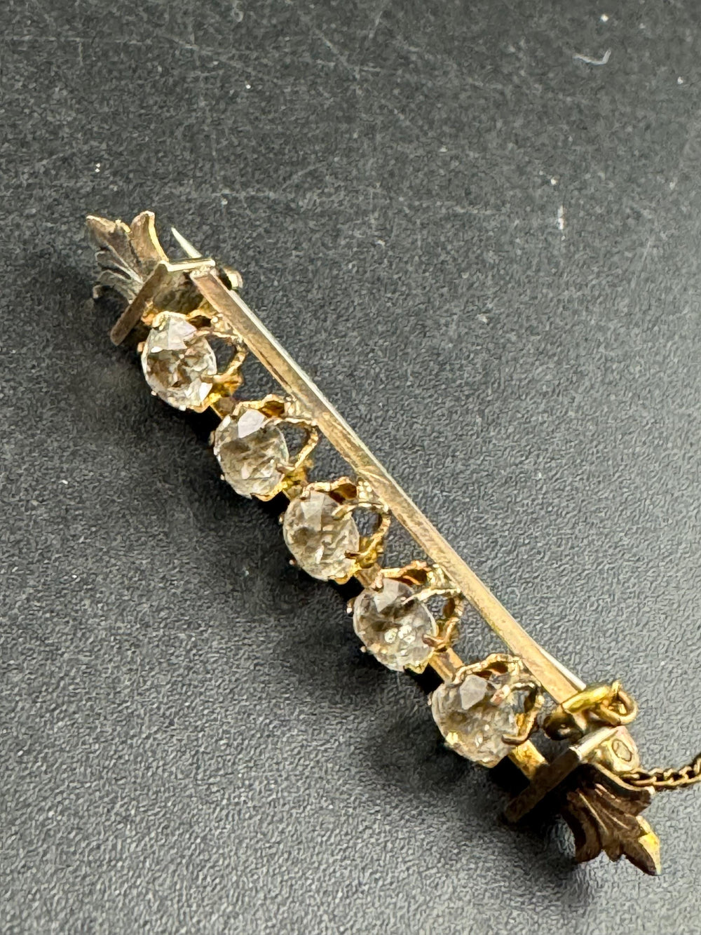 Victorian paste bar brooch, c clasp and safety chain rolled gold