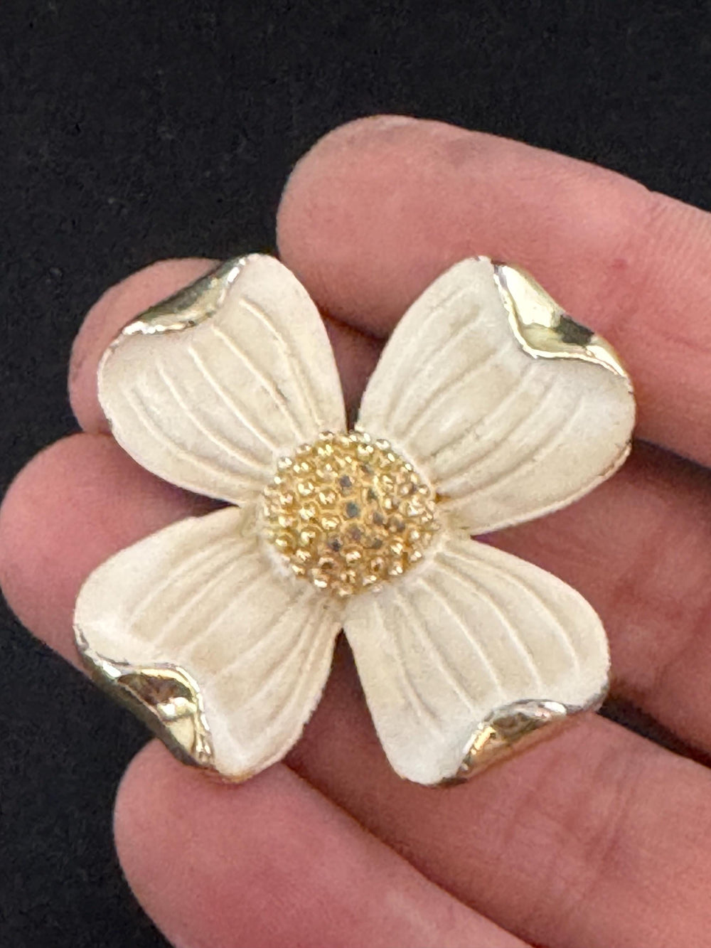 Gerry's white enamel dogwood flower brooch, signed pin