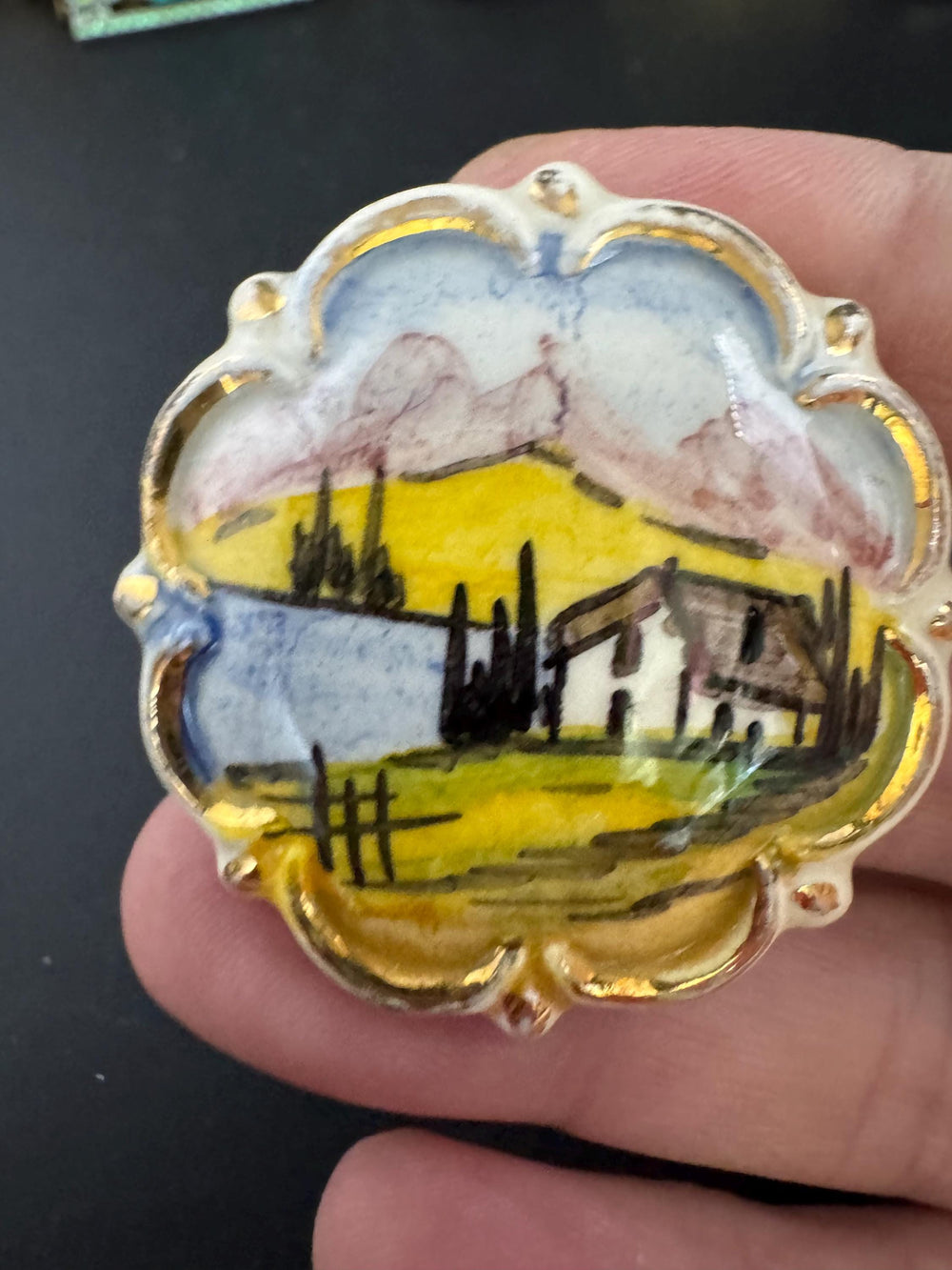 Antique hand painted cottage brooch with gilded edge, porcelain china