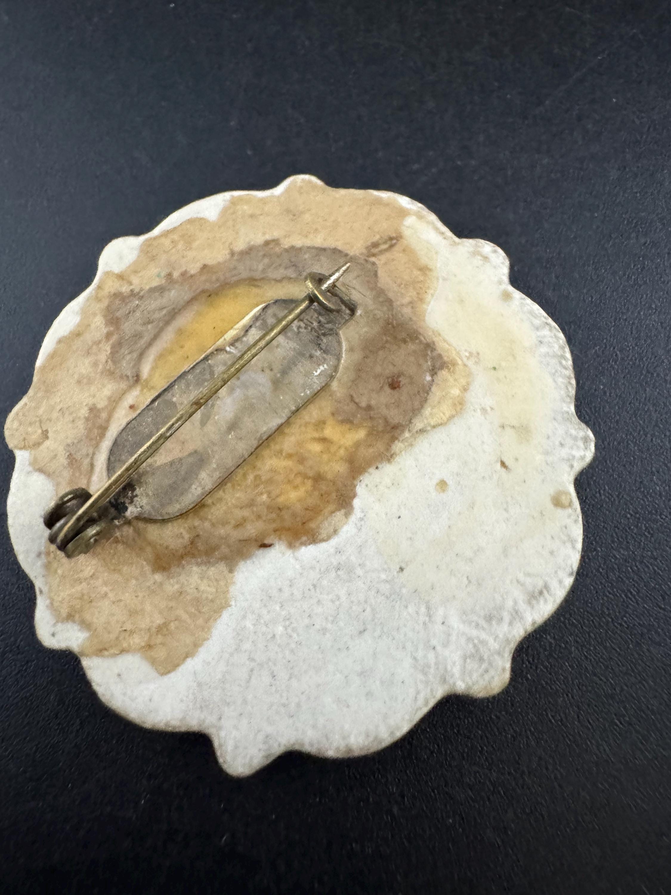 Antique hand painted cottage brooch with gilded edge, porcelain china